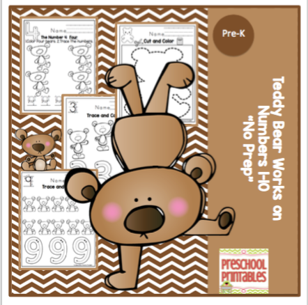 Teddy Bear Works on Numbers 1-10 "No Prep" ~ Preschool Printables