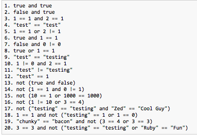 TESTHEAD: Exercise 28: Boolean Practice: Learn Ruby the Hard Way: Practicum