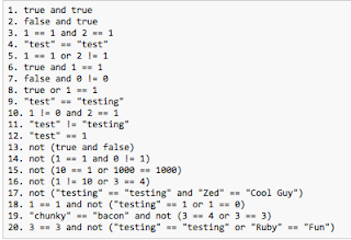 TESTHEAD: Exercise 28: Boolean Practice: Learn Ruby the Hard Way: Practicum