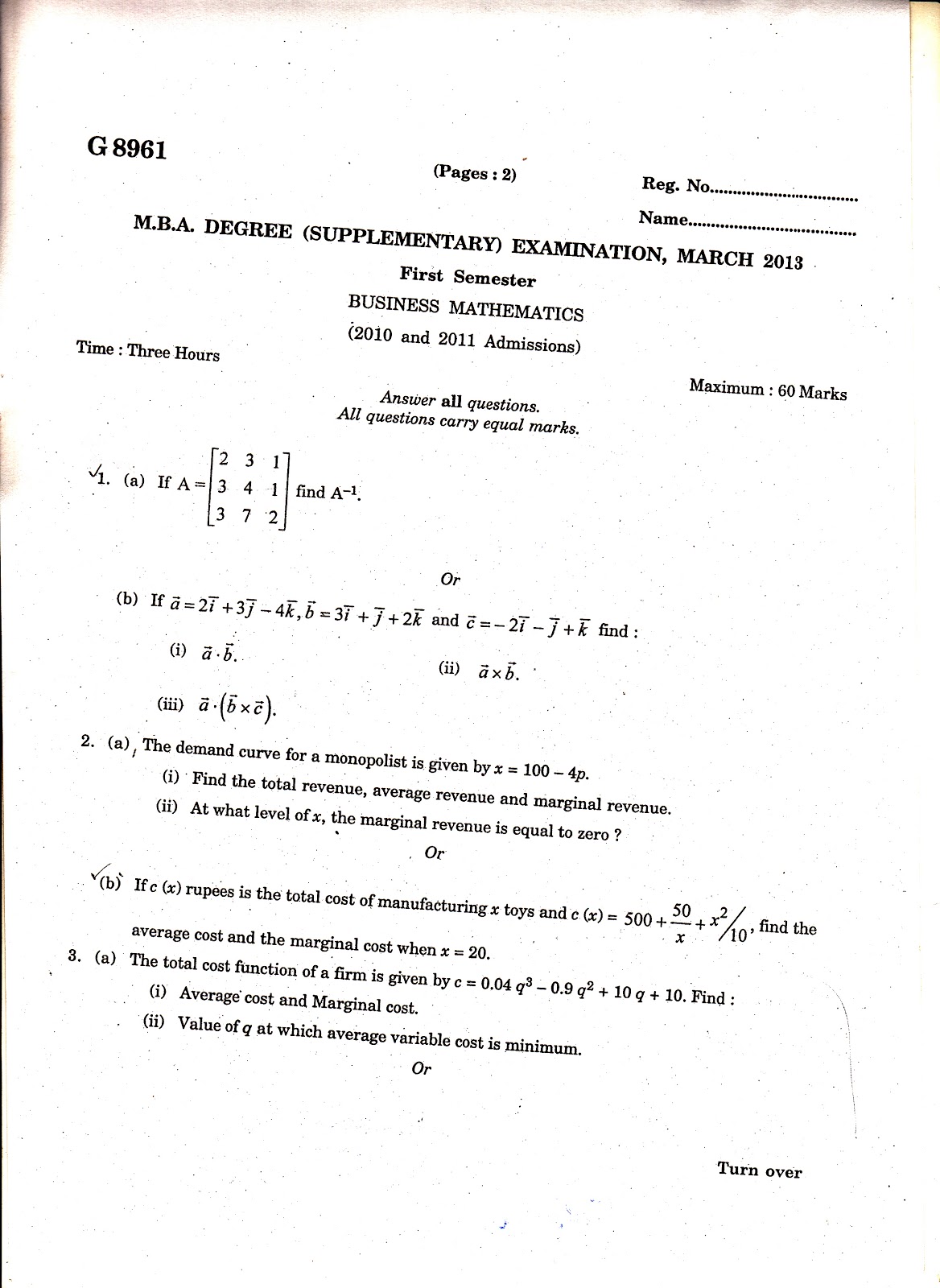 MARIAN LIBRARY: MG University First Sem MBA 2013 Question Paper