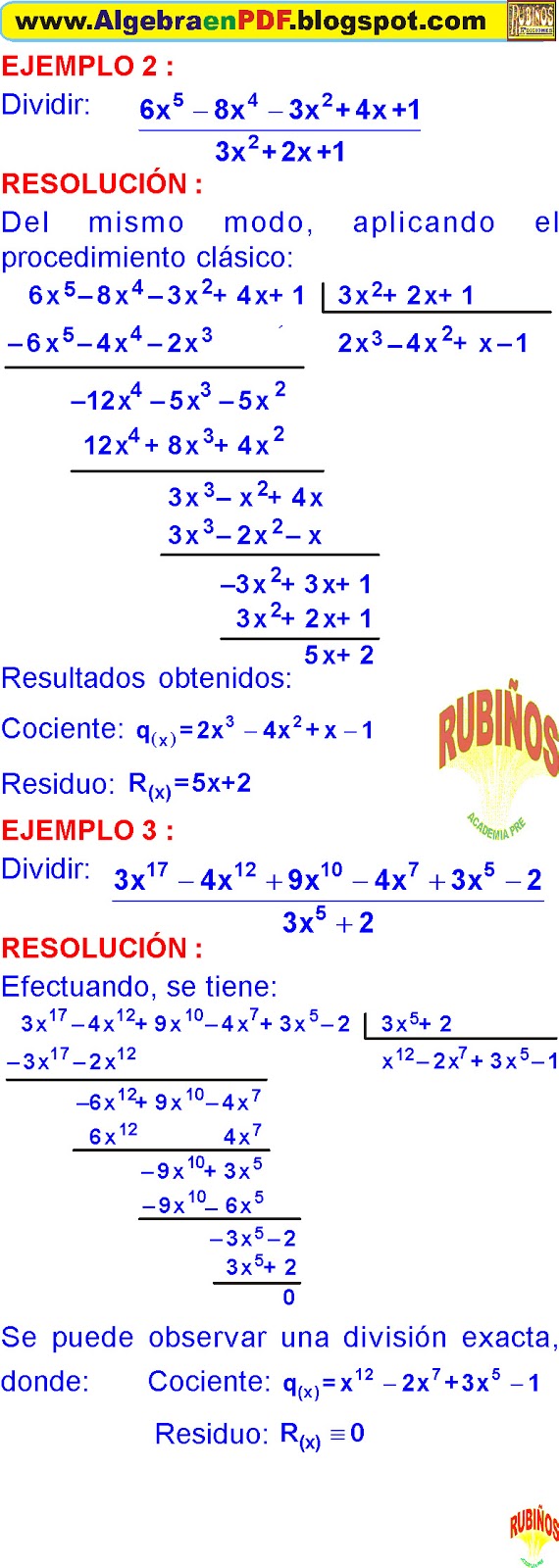 DIVISION ENTRE POLINOMIOS METODOS - EJEMPLOS Y EJERCICIOS RESUELTOS