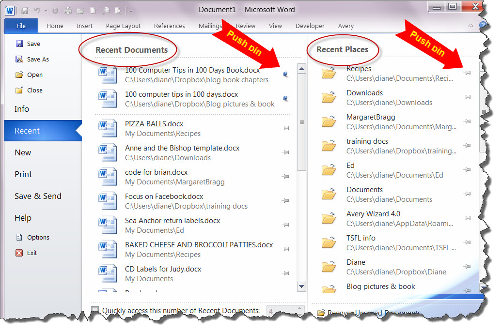 100 Amazing Computer Tips: Tip #104 - Push Pin Office Documents
