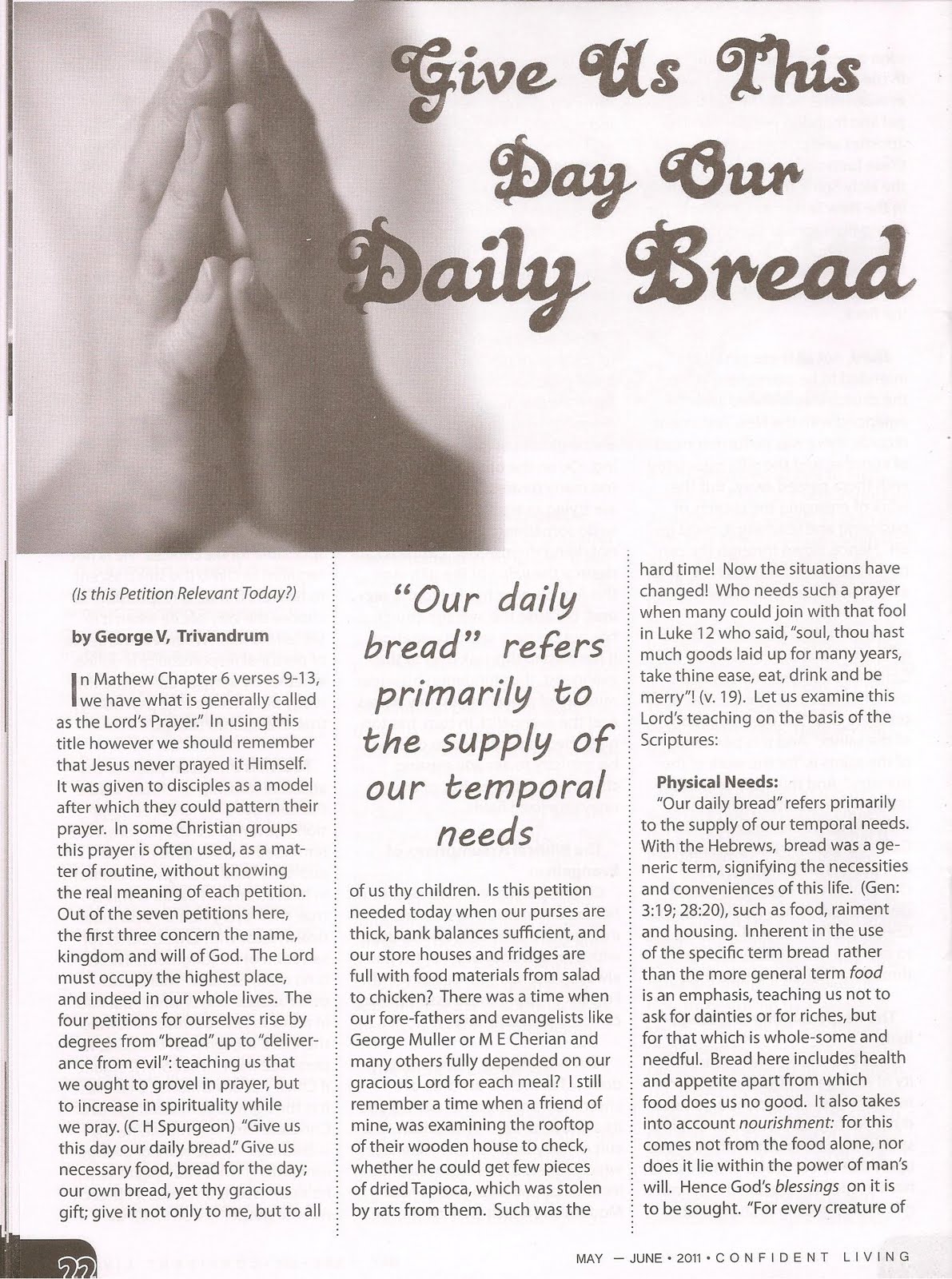 Confident Living Magazine Articles: Give Us This Day Our Daily Bread