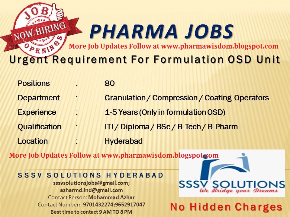 Urgent Requirement for Formulation OSD Unit (80 Positions) in Reputed ...