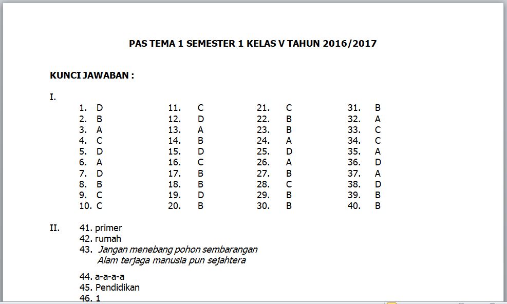 Download Naskah Soal dan Kunci Jawaban Penilaian Akhir Semester (PAS) Ganjil 2017 SD/MI Kelas 5 ...