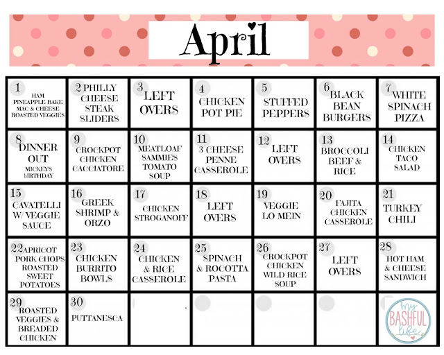 Easy Meal Planning / April Meal Calendar / Recipe | My Bashful Life