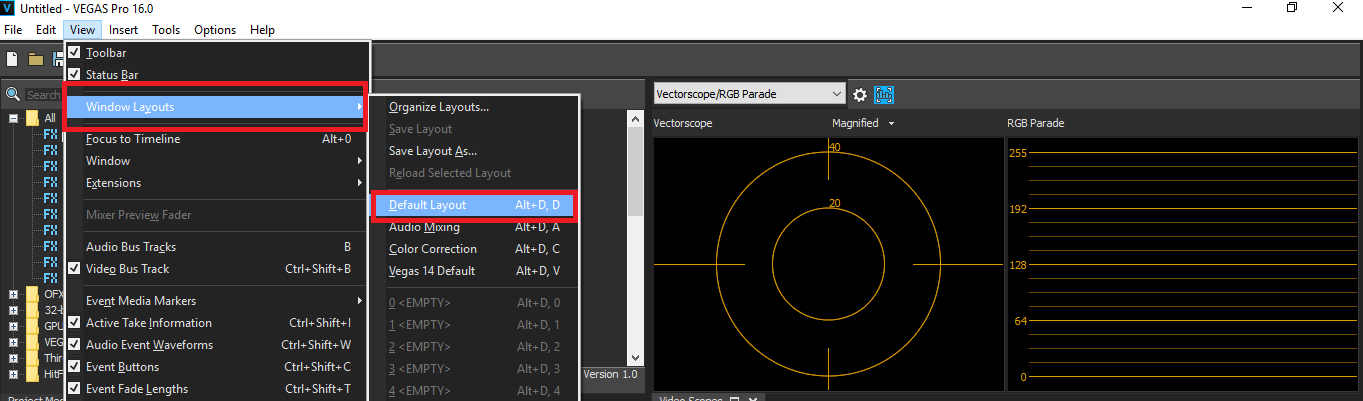 Cara mengembalikan tampilan vegas pro ke awal ( default layouts)