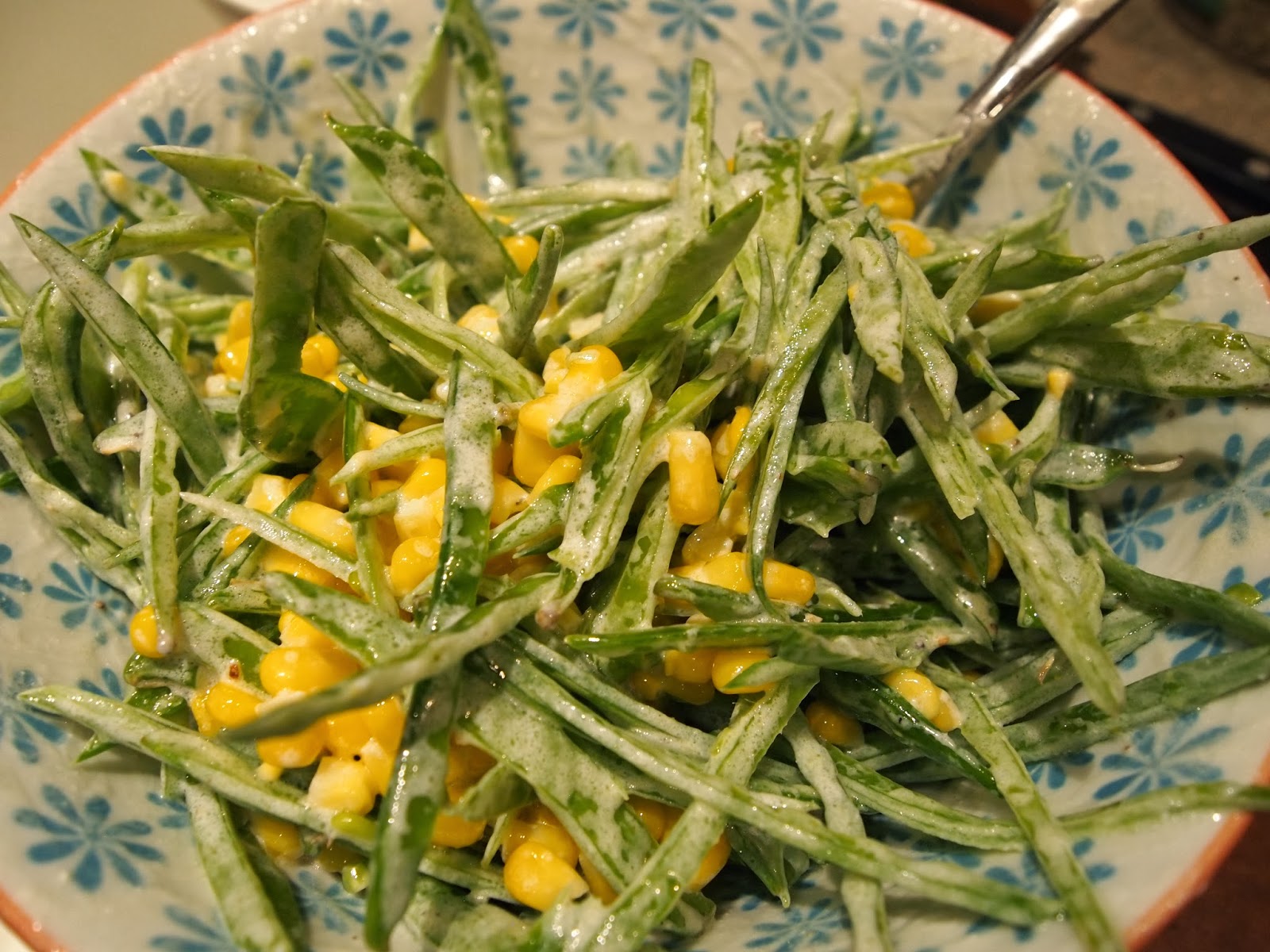 bright food: snow pea "spaghetti", corn and creamy lemon dressing