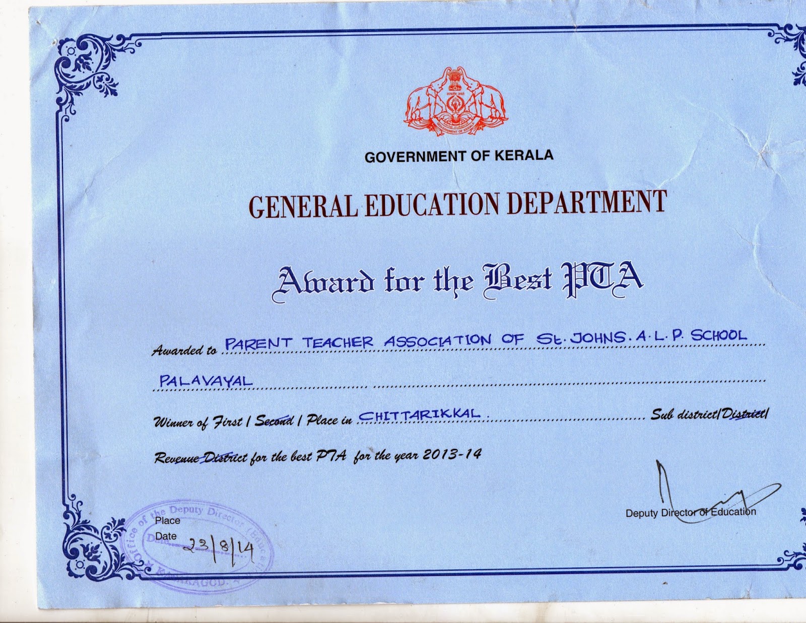 St.John's L.P.School Palavayal: BEST P.T.A. AWARD CERTIFICATE.