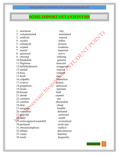 SOME IMPORTANT ANTONYMS ~ STUDENT POINT