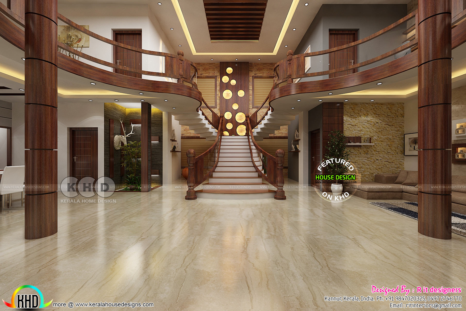 Stunning wooden bifurcated stair design - Kerala Home Design and Floor ...