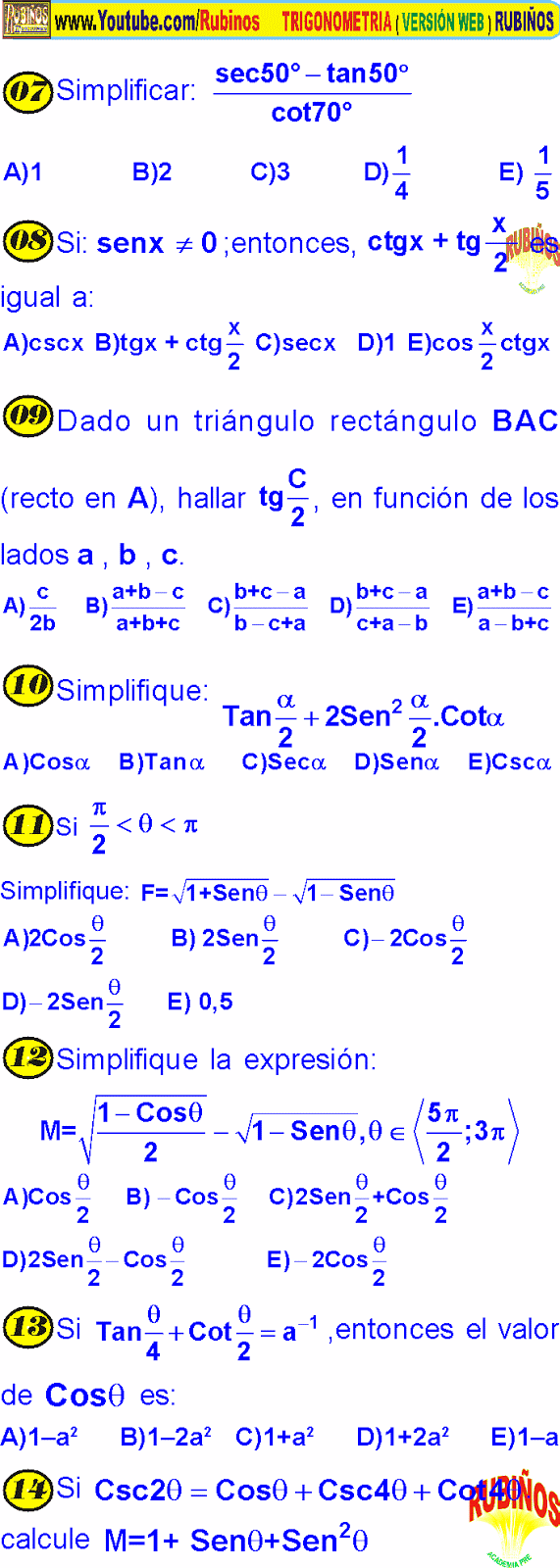 IDENTIDADES DEL ANGULO MITAD EJERCICIOS RESUELTOS DE TRIGONOMETRIA PDF
