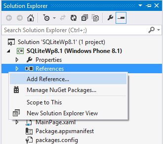 Then add the reference to the "SQLite for WindowsPhone 8.1" library: