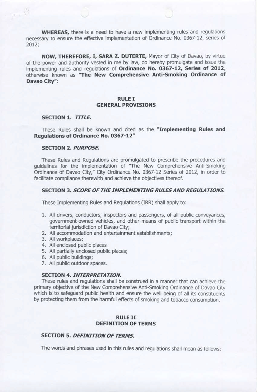 ANTI-SMOKING ORDINANCE 0367-12 - VICES REGULATION UNIT