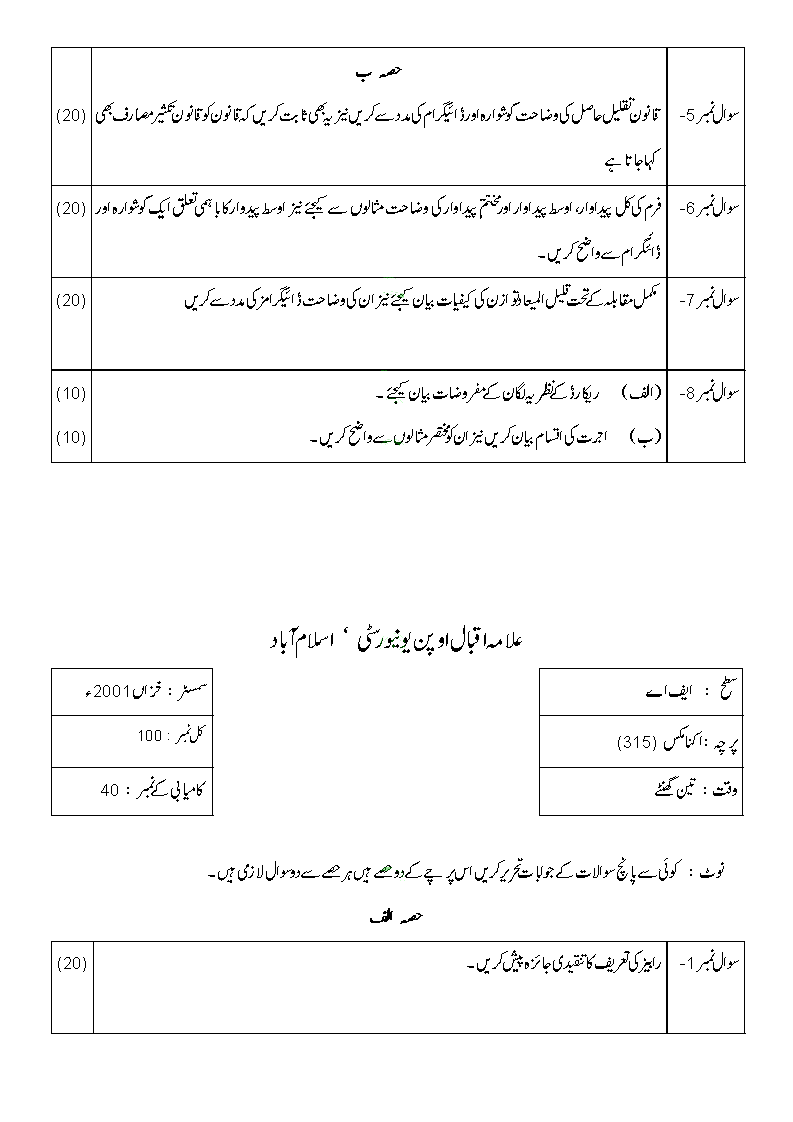 AIOU Intermediate Paper, Semester Autumn 2001, Code 315