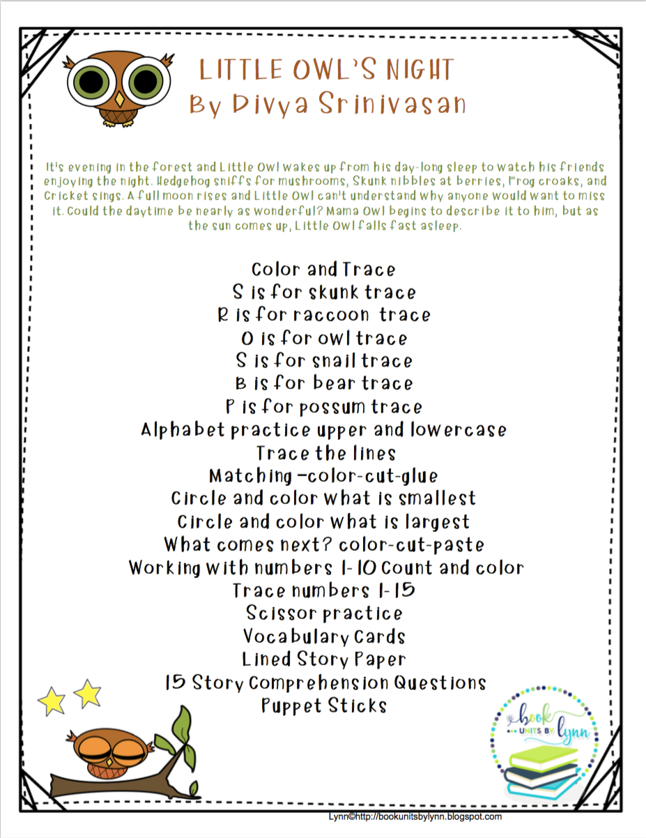 LITTLE OWL’S NIGHT ~ Book Units by Lynn