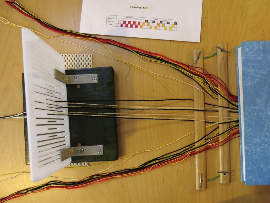 Durham Weaver: Making a warp and threading the 9 pattern slot heddle.