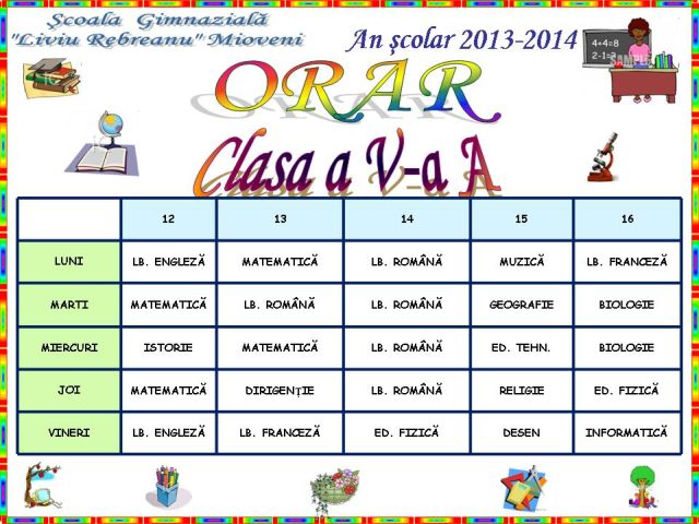 Clasa a V-a A: Orarul clasei a V-a A