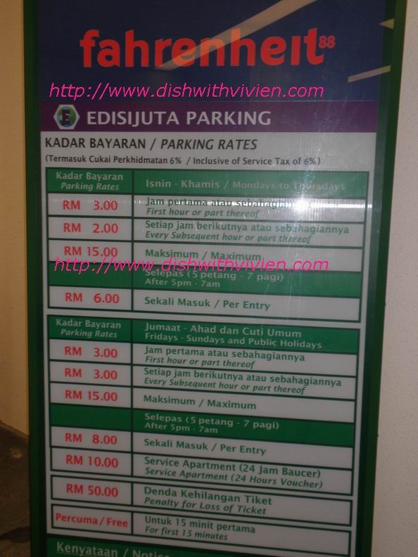 Parking Rate in Kuala Lumpur: Fahrenheit Parking Rate