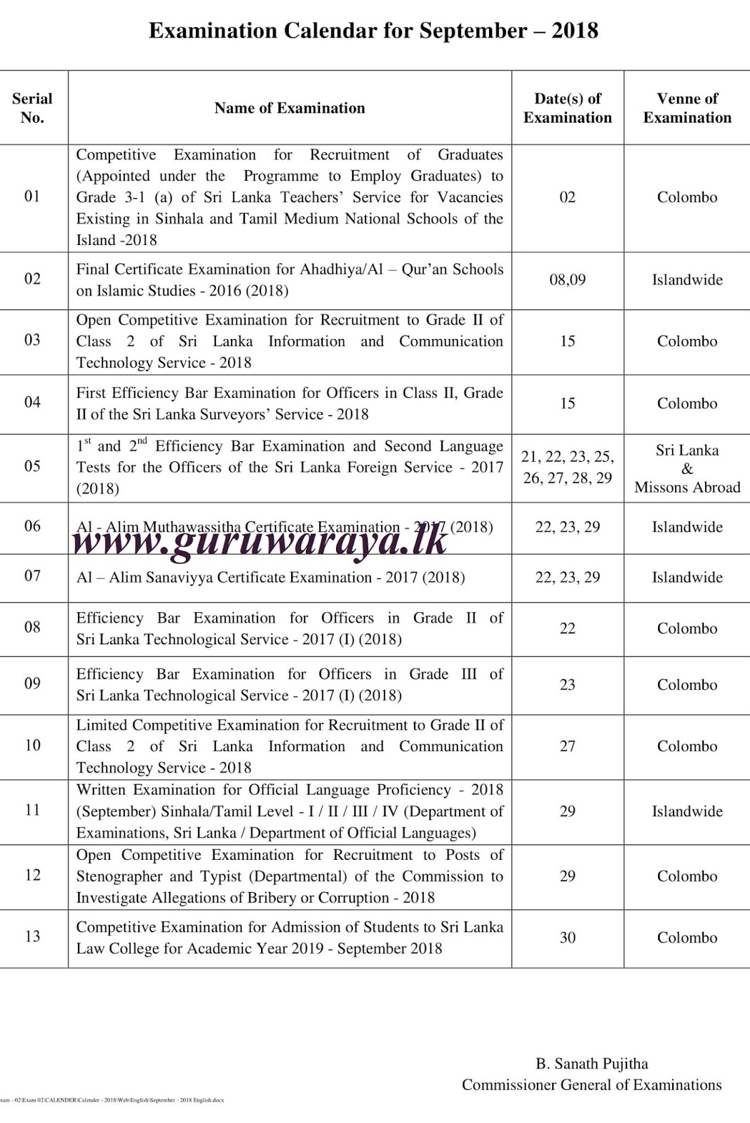 Exam Calendar (September) - Exam Department - Teacher
