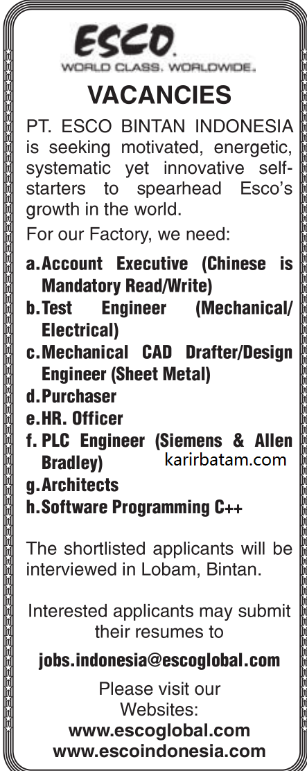 Lowongan Kerja PT. Esco Bintan Indonesia - Lowongan Kerja Batam 2022