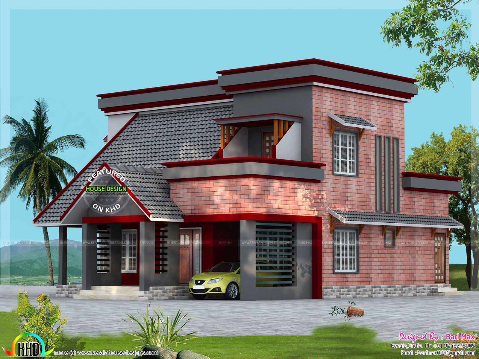 Brick wall mix house design - Kerala Home Design and Floor Plans - 9K ...