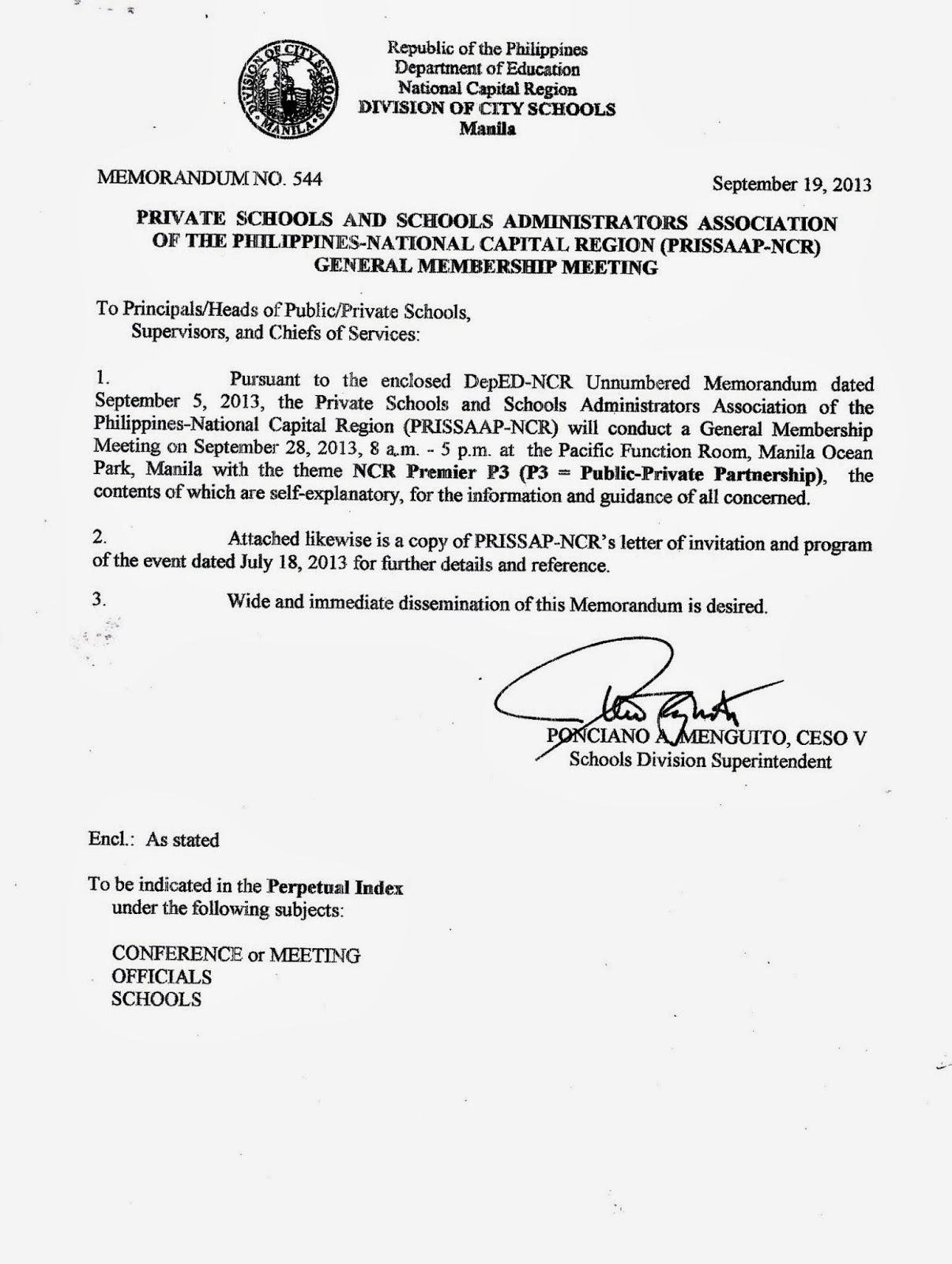 Department of Education Manila: Division Memorandum No. 544 PRIVATE ...