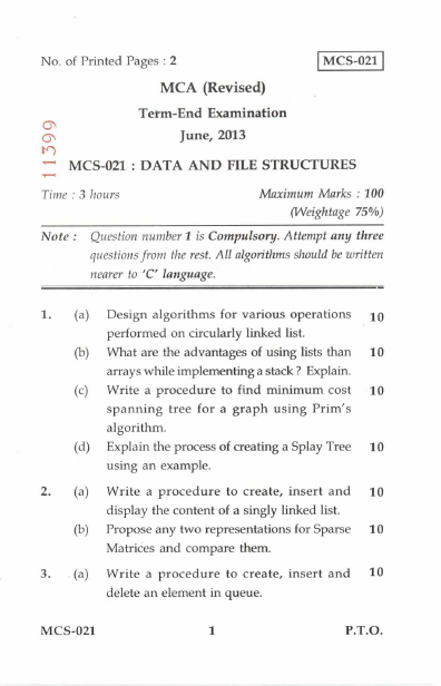 Ignou Mcs 021 Data And File Structures Mca June 2013 Question Paper University Question Papers 8046