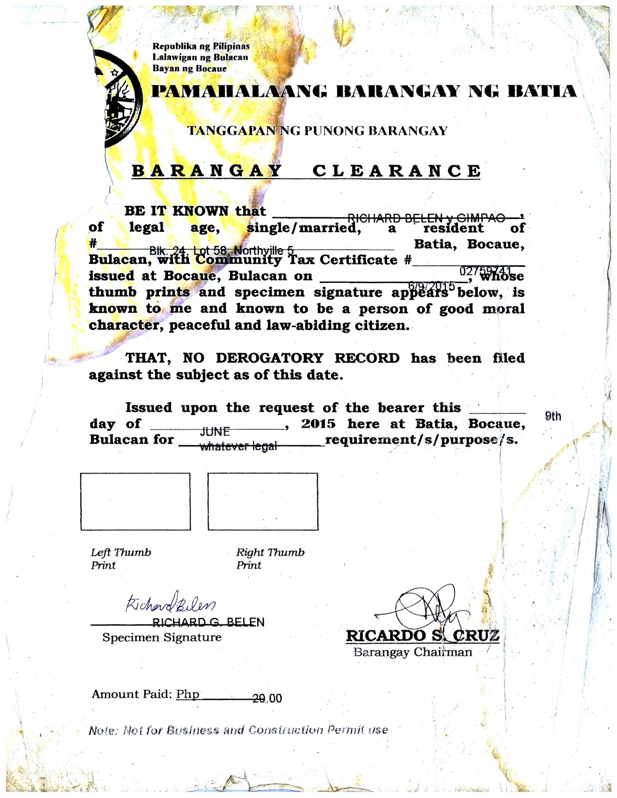 PAPELES NG PINOY: BRGY. CLEARANCE - BATIA, BOCAUE, BULACAN