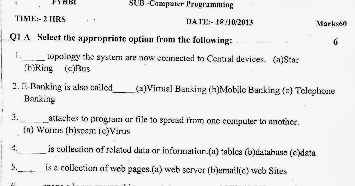 Question Papers Collection: FY B & I - Sem I - Computer Programming