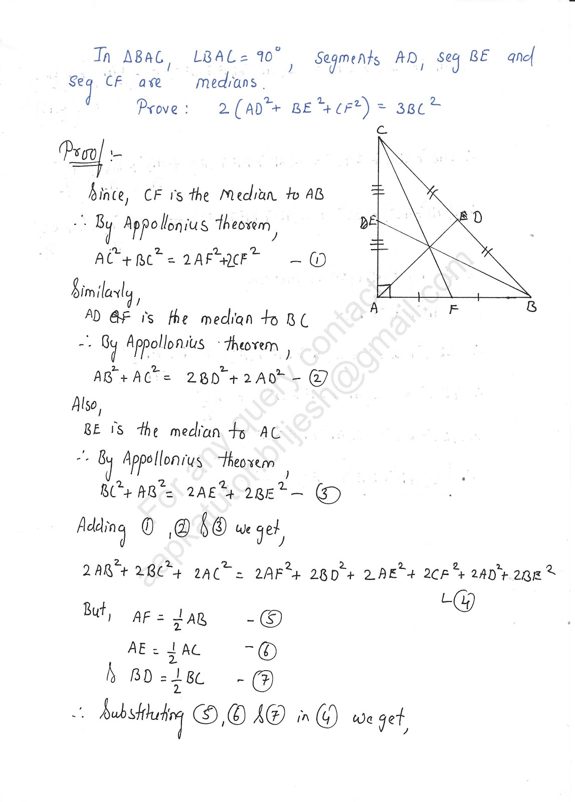 In BAC, Angle BAC= 90°, segment AD, seg BE and seg CF are medians ...
