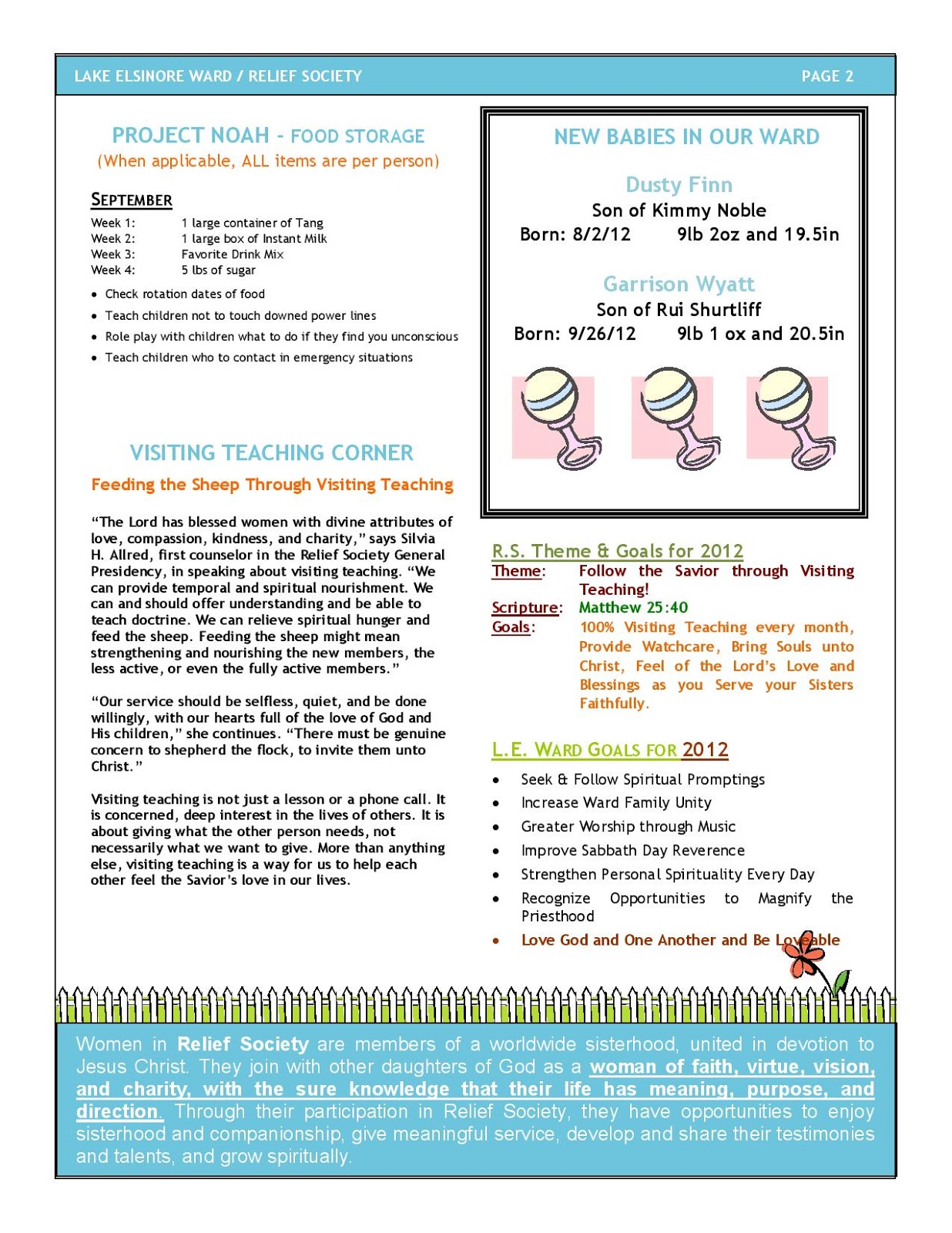 Lake Elsinore Relief Society: Newsletter and Calendar