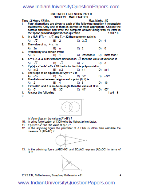 KSEEB SSLC Exam 2016: Model Question of Mathematics - University ...