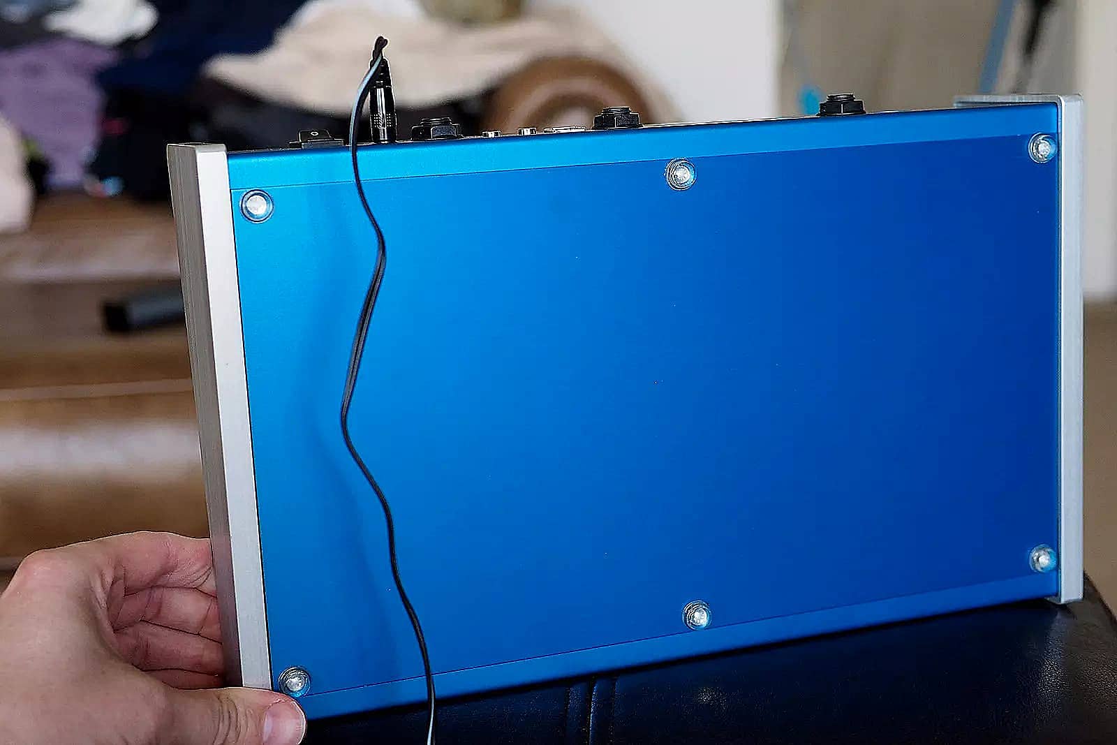 MATRIXSYNTH: Custom x0xb0x by Andy Pledger. Blue metal with green LEDs