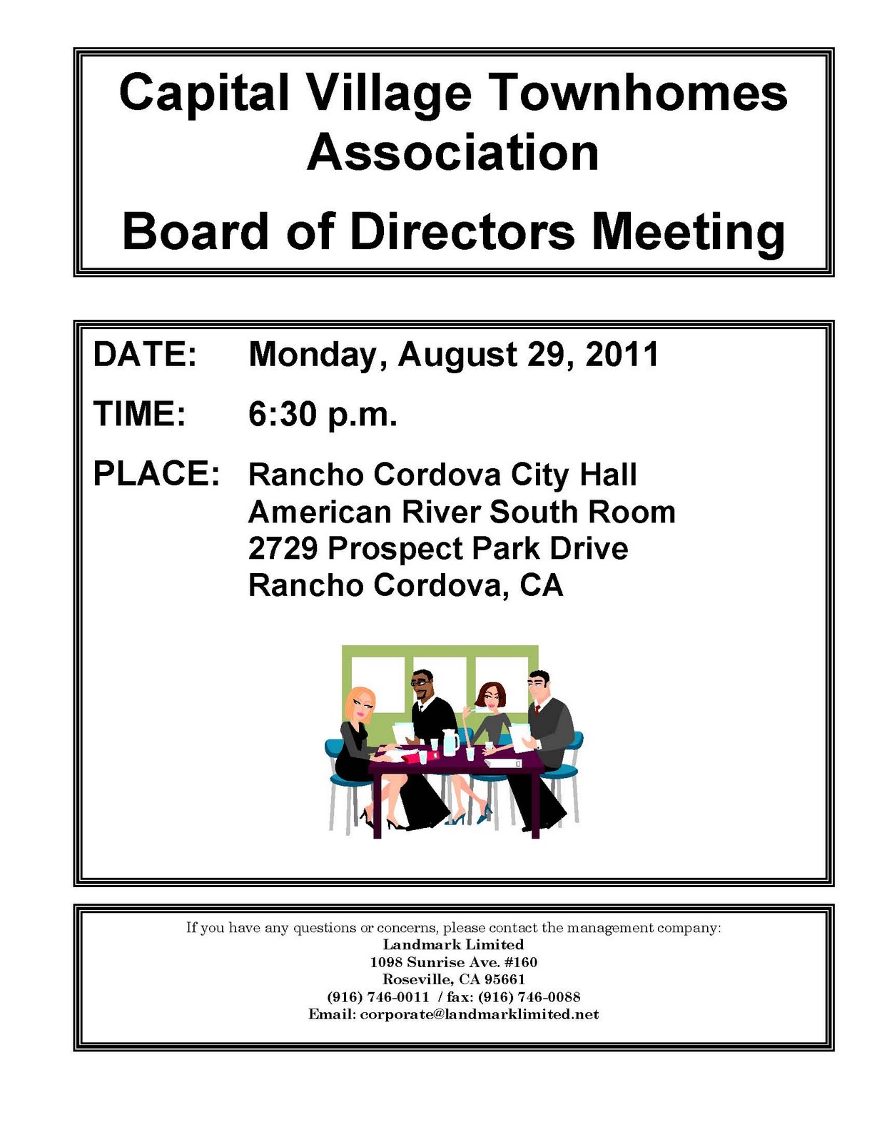Capital Village: Townhome HOA Board Meeting Monday August 29 @ 6:30pm Capital Village: Townhome HOA Board Meeting Monday August 29 @ 6:30pm