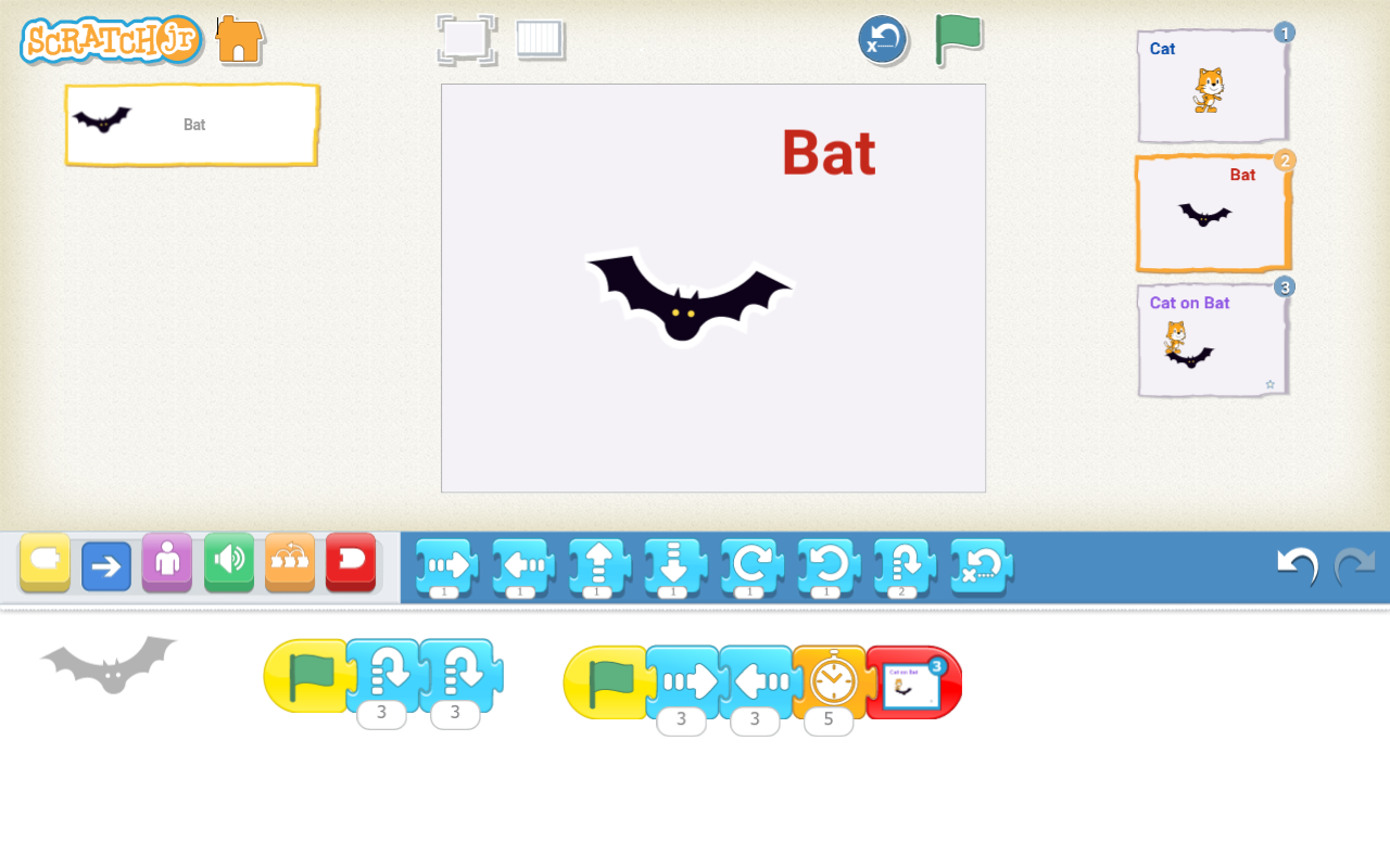 子供と一緒にプログラミング！: 【ScratchJr】サンプル「Cat on Bat」の解説