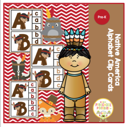 Native American Alphabet Clip Cards ~ Preschool Printables
