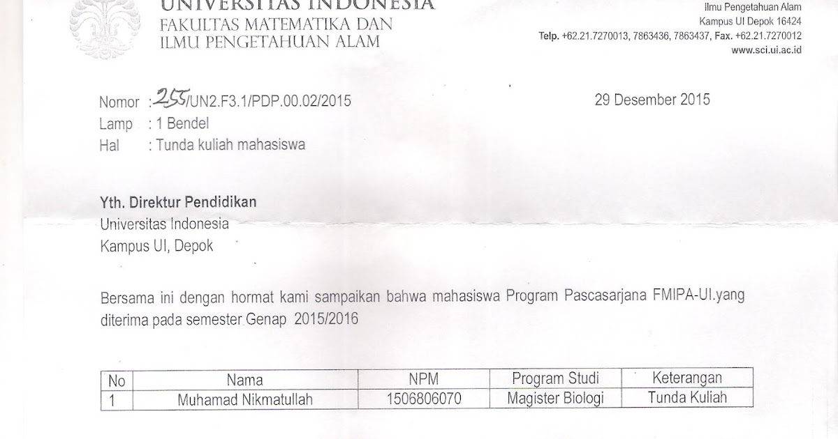 Contoh Surat Tunda Kuliah