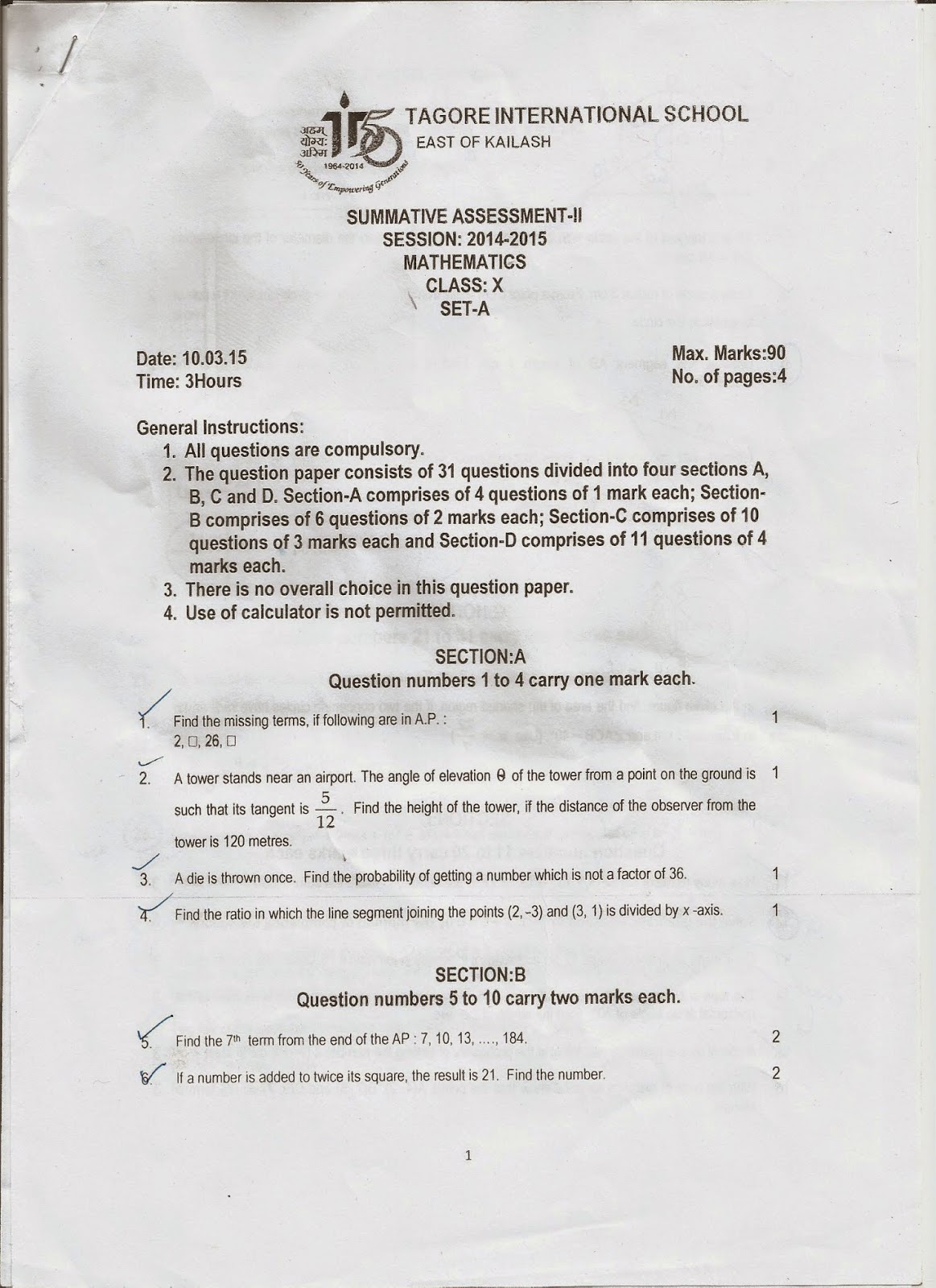 Class X Maths Tagore International School Question Paper SA 2 (2014 – 2015)