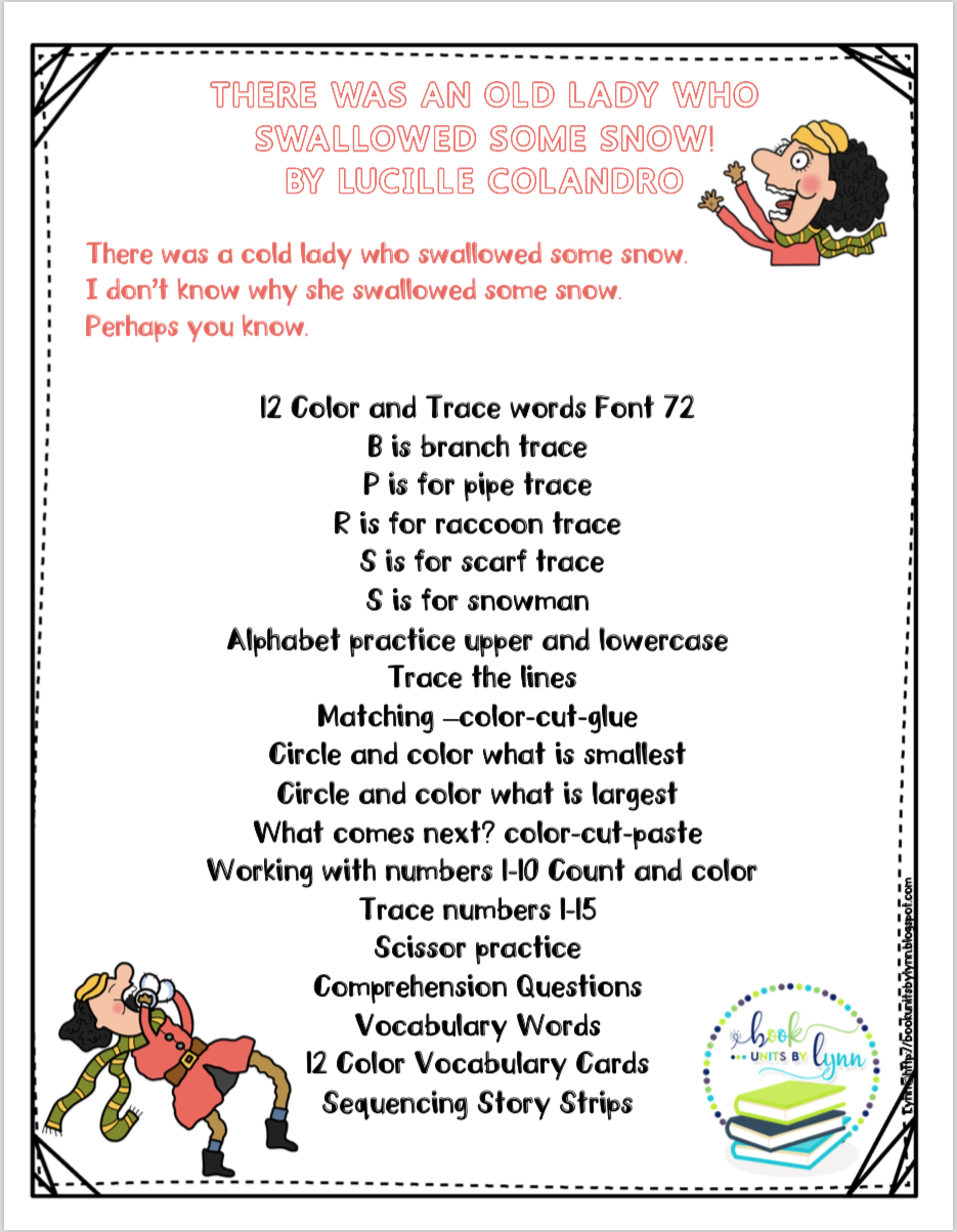 THERE WAS AN OLD LADY WHO SWALLOWED SOME SNOW! BOOK UNIT ~ Book Units ...