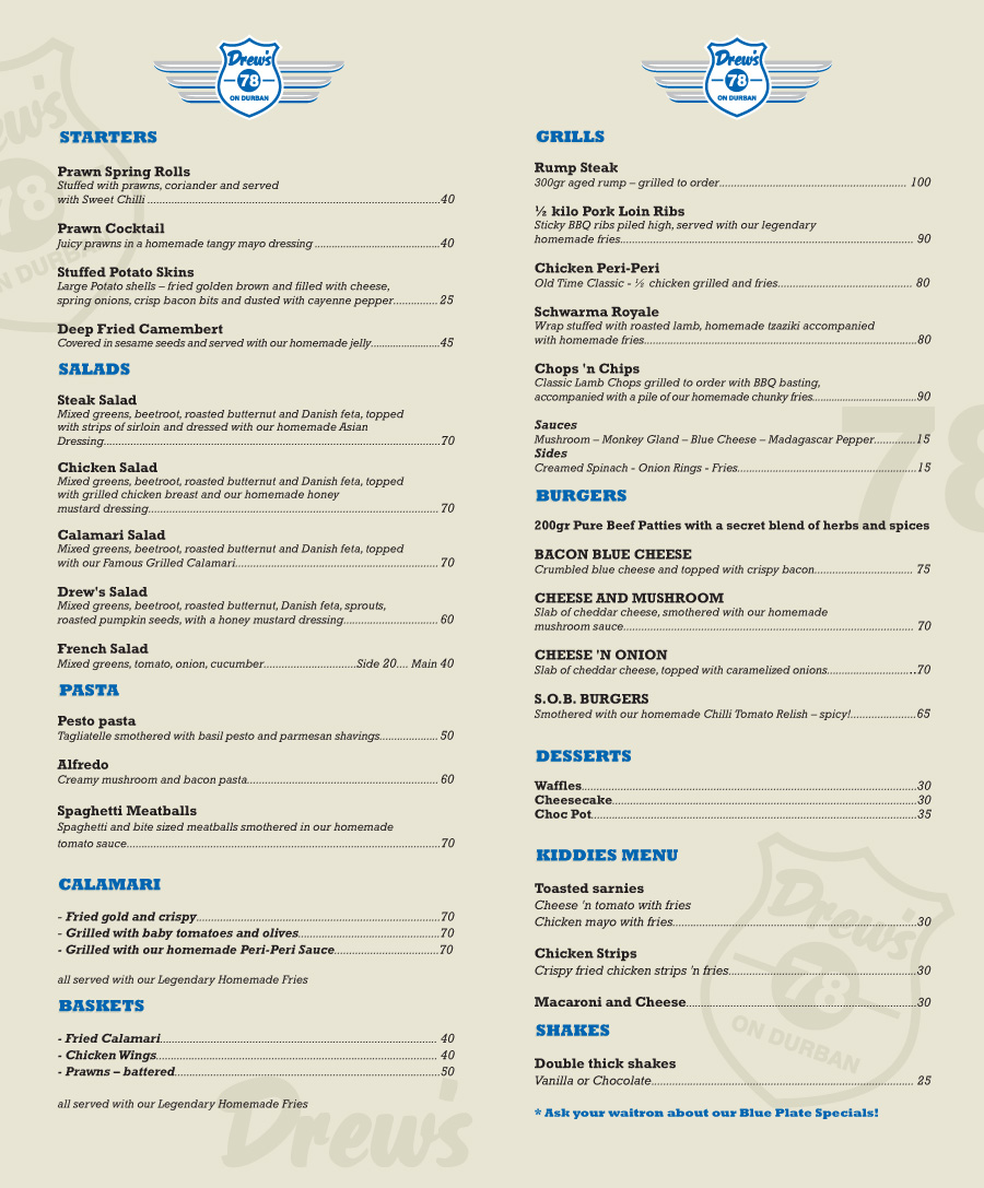 Drew's on Durban: Menu