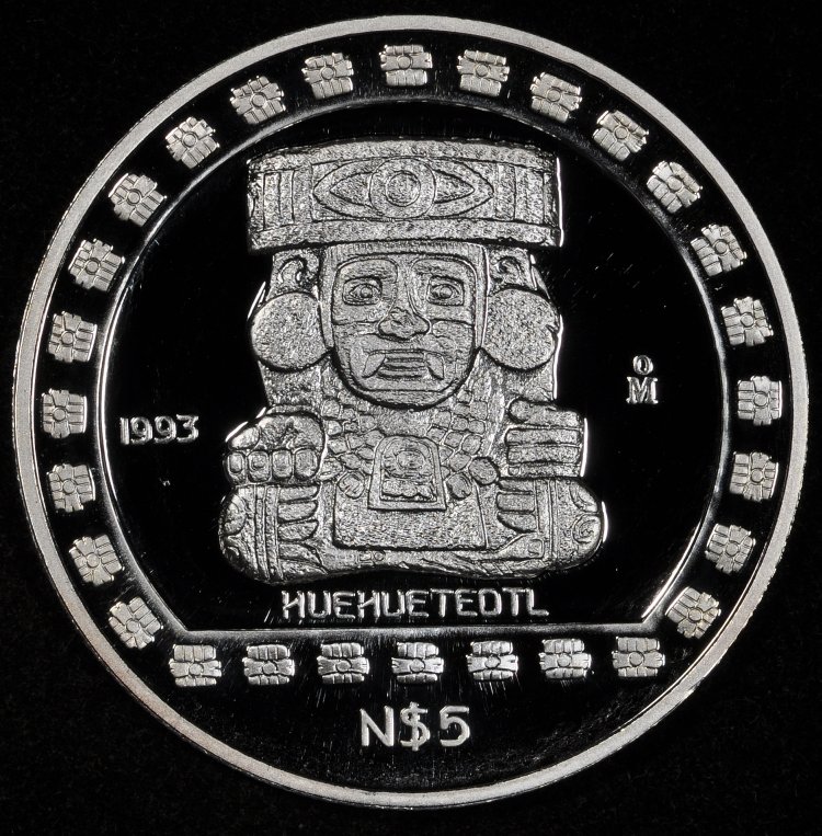Mexican Commemorative Coins 5 Nuevos Pesos silver coin 1993 Huehueteotl ...