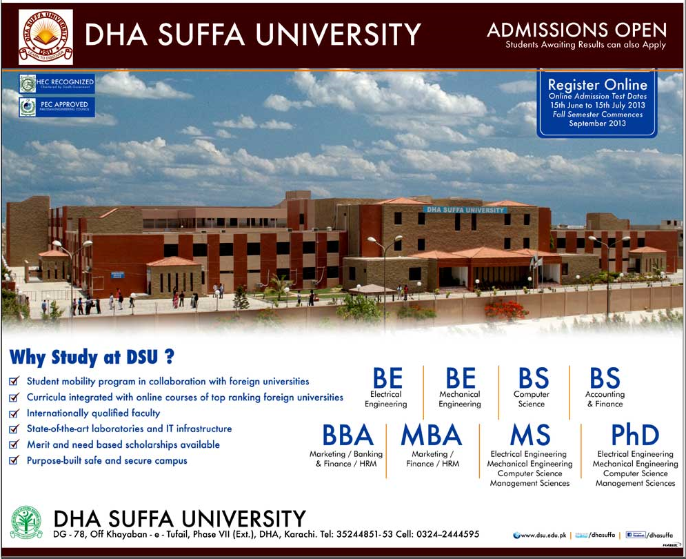 DHA SUFFA University BS/BE/BBA MBA MS PhD Admissions 2019
