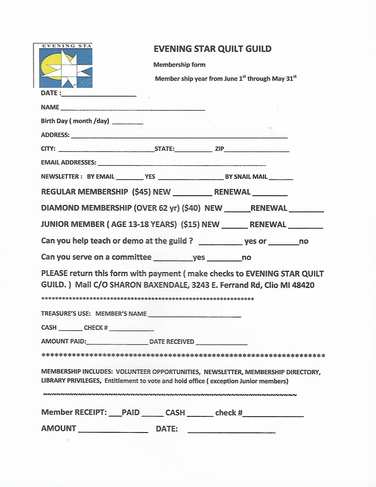 Evening Star Quilters: Membership Form for Evening Star Quilt Guild