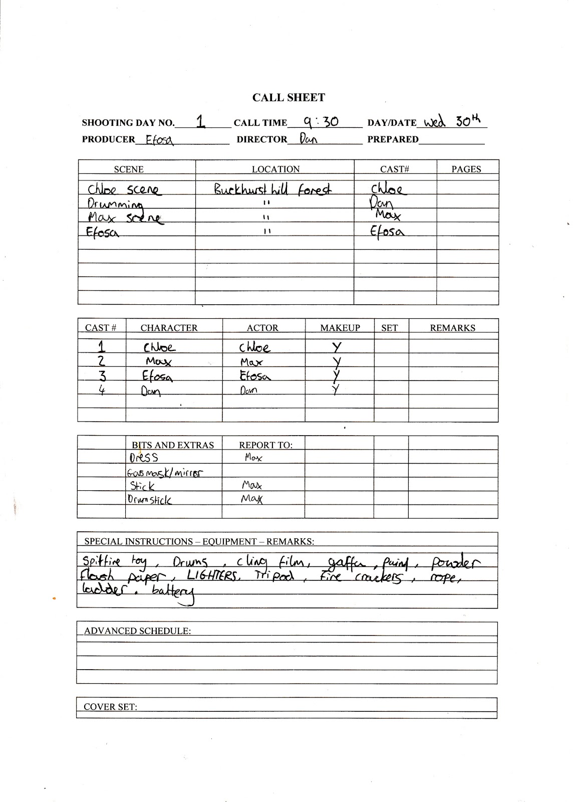 Avant-Garde Productions: Music Video: Production: Call Sheets