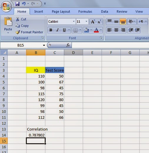 Using MS Excel to calculate correlation coefficient