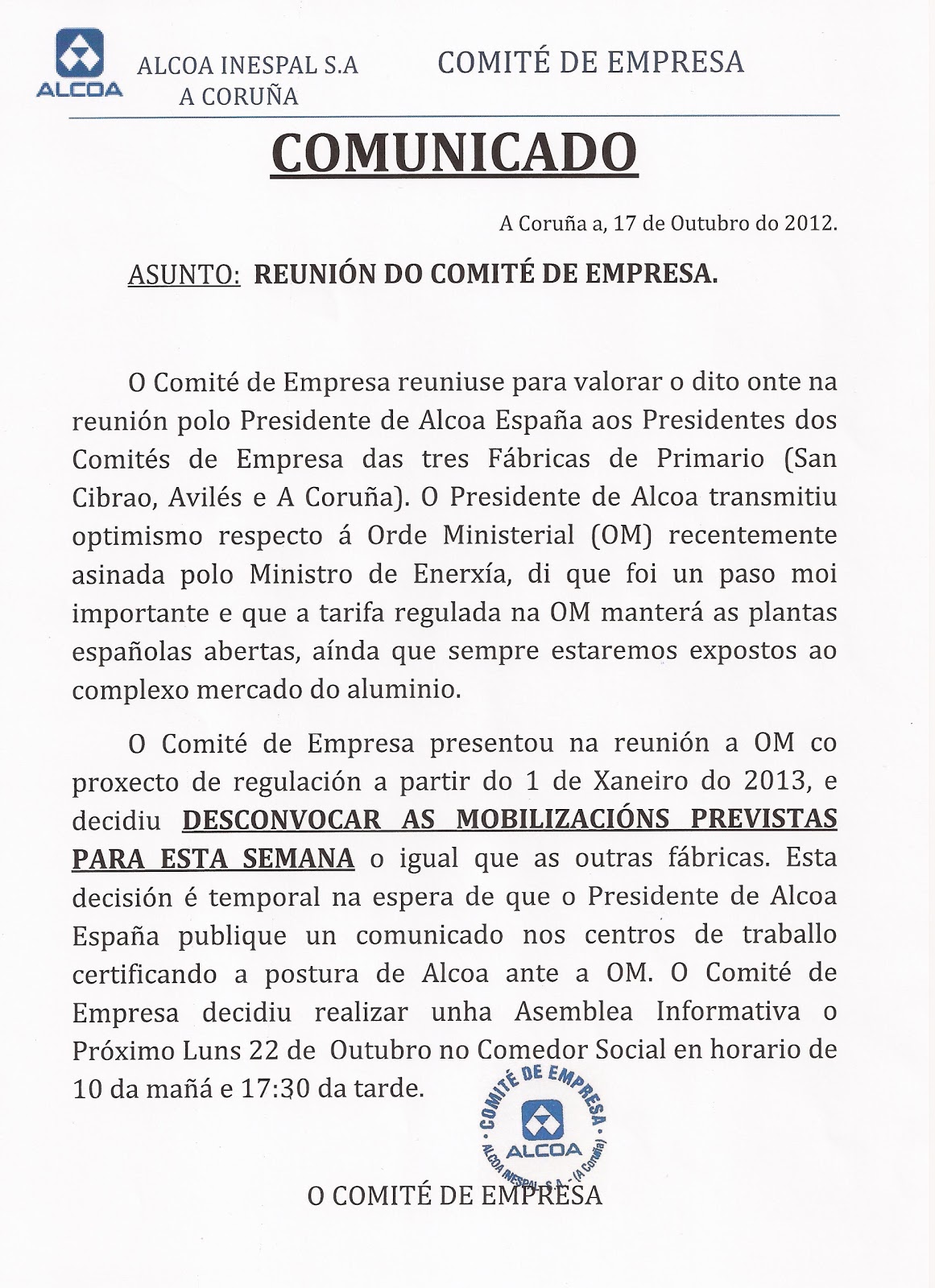 SECCION SINDICAL CC.OO ALCOA INESPAL. A CORUÑA: COMUNICADO DO COMITÉ DE ...