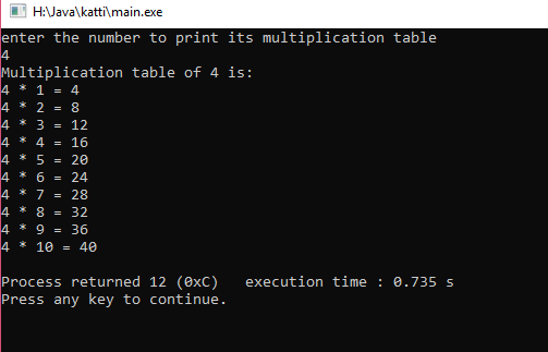 C program to print multiplication table