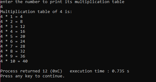 C program to print multiplication table