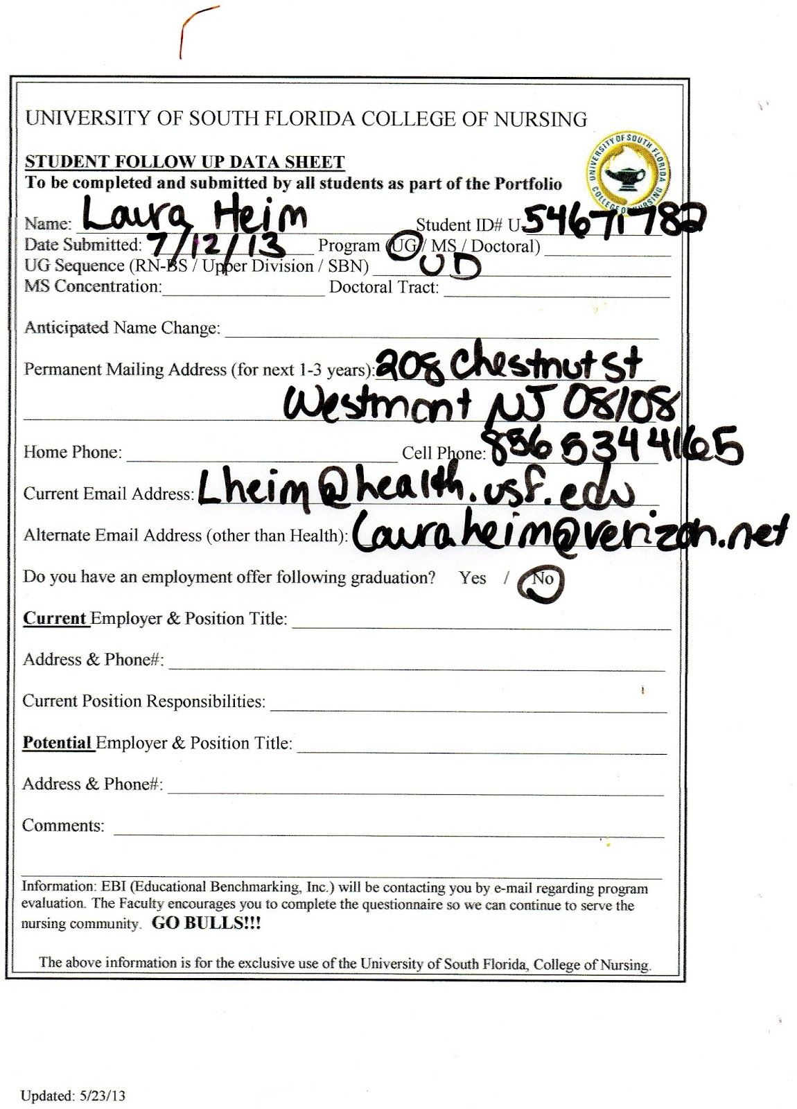 Laura Heim's USF Nursing Portfolio: Student Follow Up Data Sheet